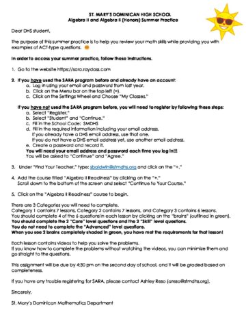 Algebra Ii And Algebra Ii Honors St Mary S Dominican High School